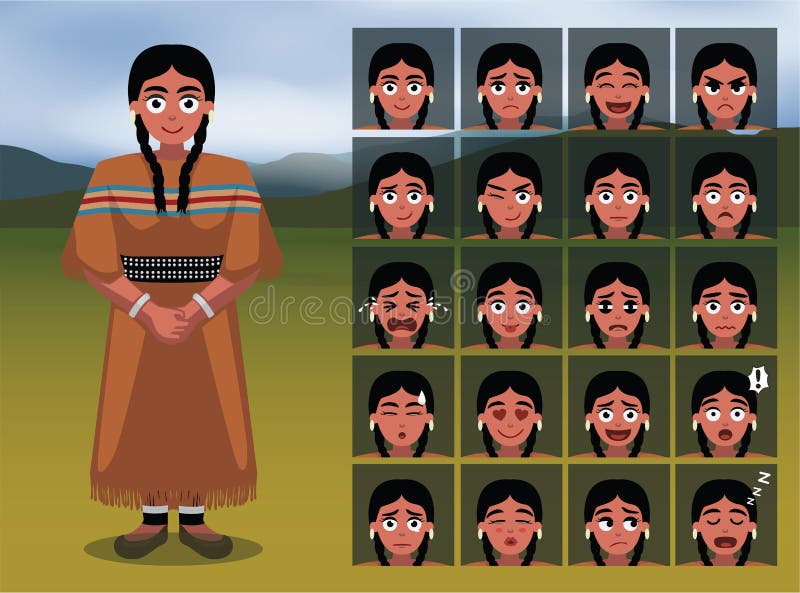 Native American Blackfeet Girl Cartoon Emotion Faces Vector ...