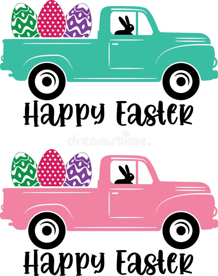 Happy Easter with Farm Truck, Hello Spring, Tulips Flower Vector ...
