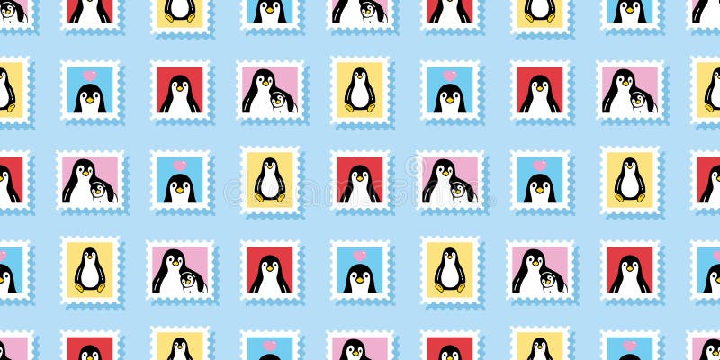 Penguin Seamless Pattern Stamp Post Mail Bird Cartoon Doodle Stock ...