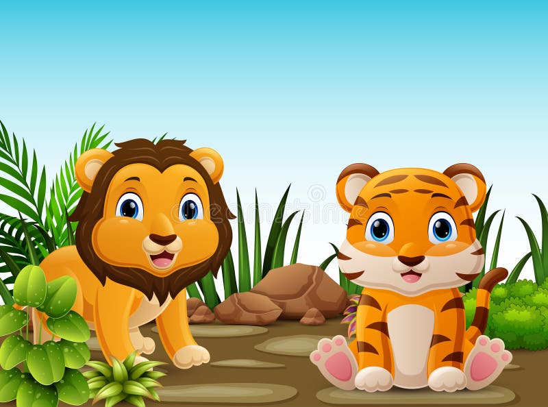 Cute Lion and Tiger Cartoon in the Forest Stock Vector - Illustration ...
