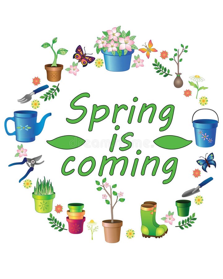 Spring is Coming - Vector Color Print with Flowers, Seedlings and ...
