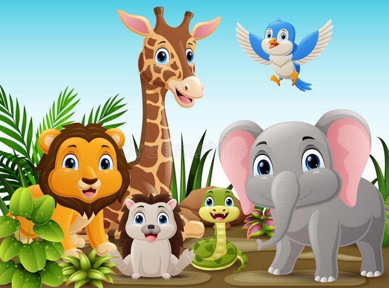 Cute Wild Animals Cartoon in the Jungle Stock Vector - Illustration of ...