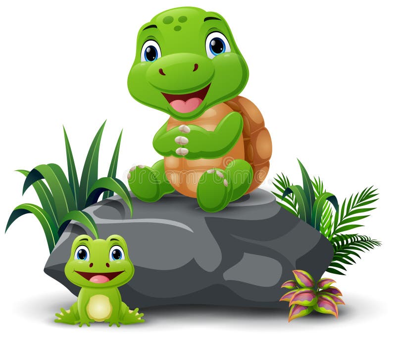 Cute Turtle Cartoon Sitting on the Stone Stock Illustration ...