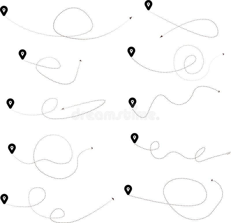 Set of Dashed Line Airplane, Car Route with Location Stock Vector ...