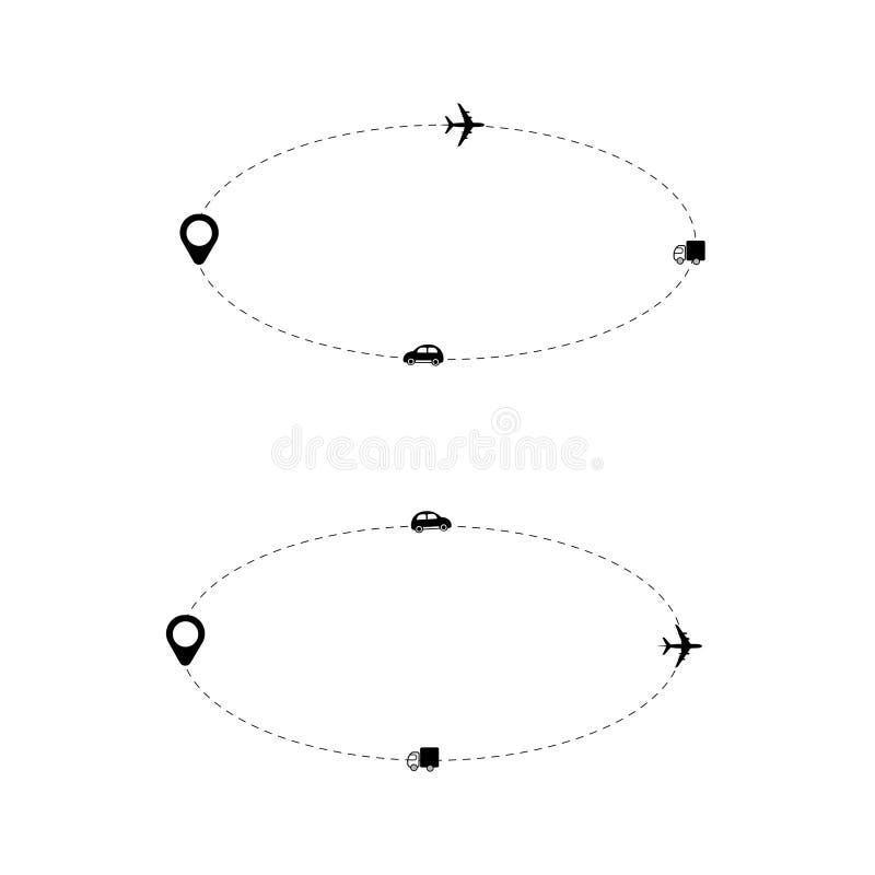 Set of Dashed Line Airplane, Truck, Car Route with Location Stock ...
