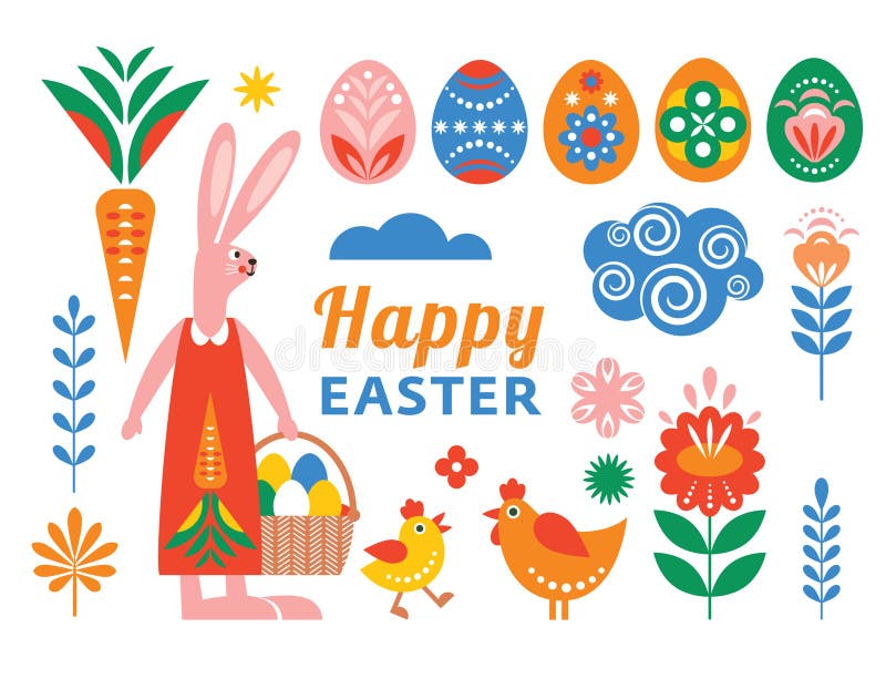 Set of Easter Elements, Easter Bunny with Basket Eggs, Easter Eggs Stock Vector - Illustration ...
