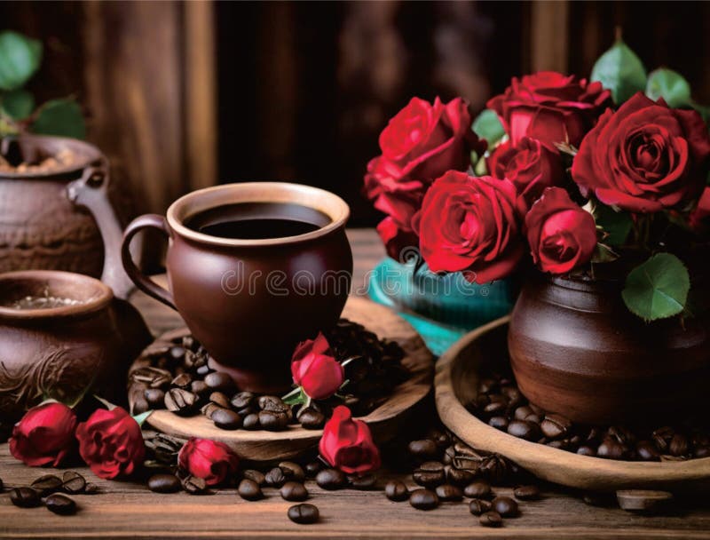 A Cup of Delicious Coffee and Beautiful Roses Stock Photo - Image of ...