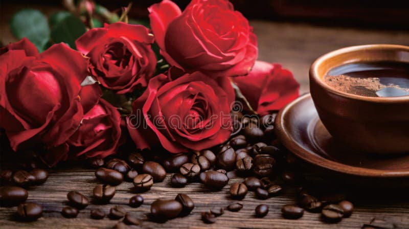 Beautiful Red Roses and a Glass of Coffee Stock Image - Image of flower ...