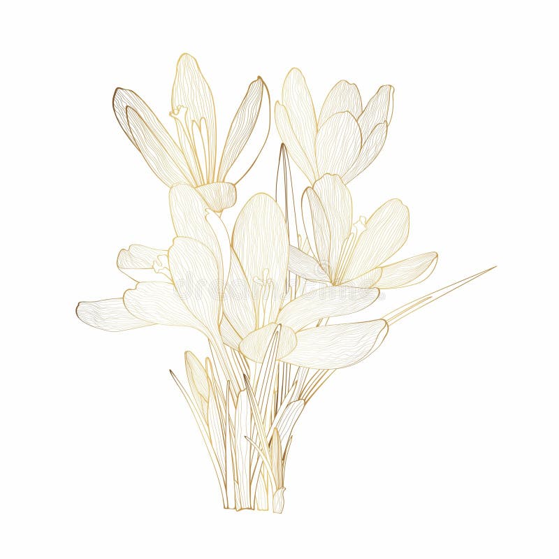 Sketch Floral Illustration. Golden Ink Drawing of Crocus Flowers in a ...