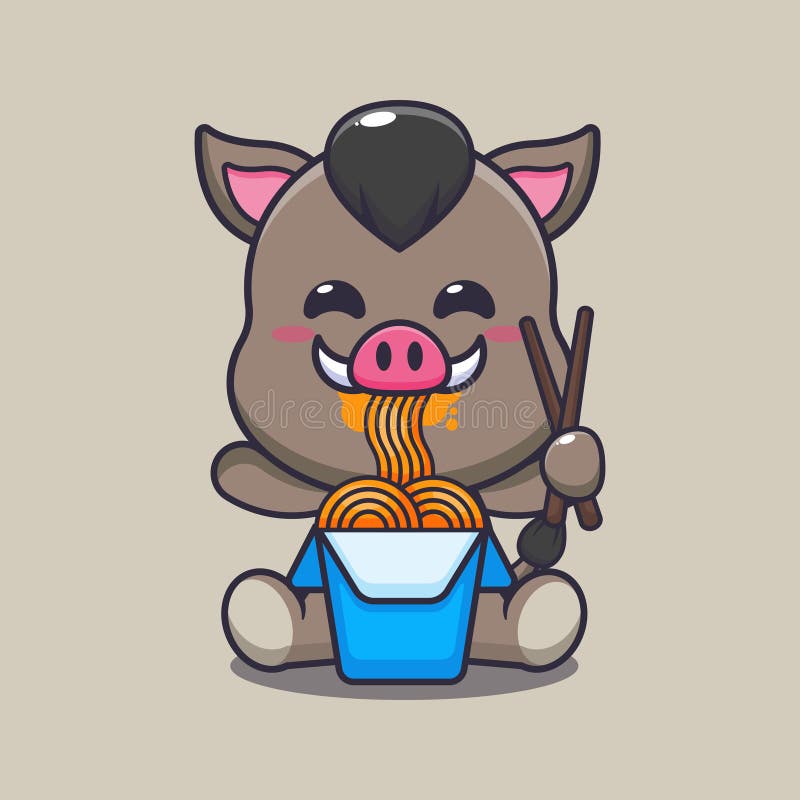 Cute Boar Eating Noodle Cartoon Vector Illustration. Stock Vector ...
