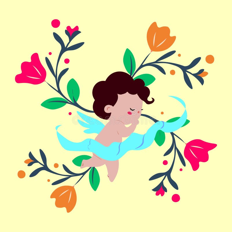 Cute Little Cupid with Flowers and Leaves. Stock Vector - Illustration ...