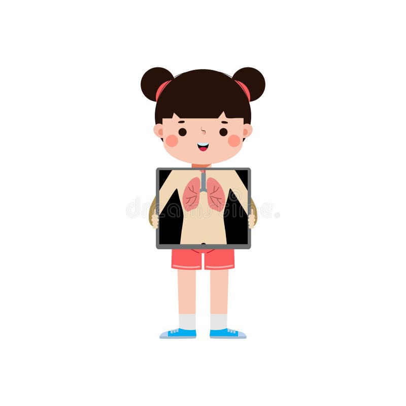 Cute Cartoon Asian Kid with X-ray Screen Showing Internal Organs and ...
