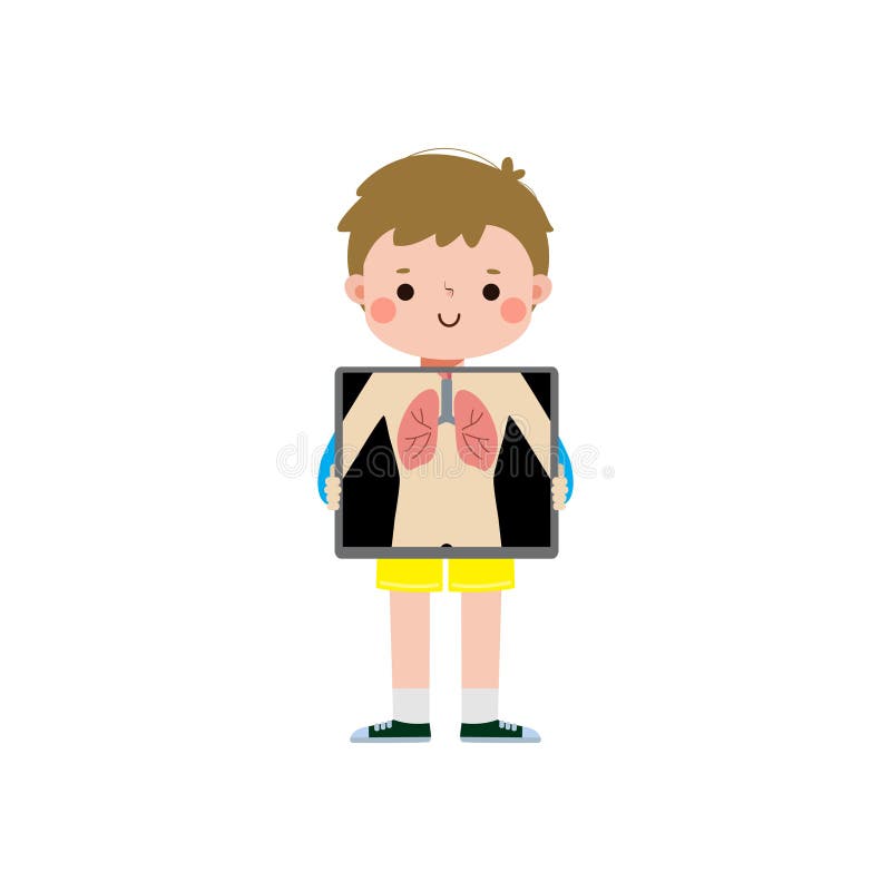 Cute Cartoon European Kid with X-ray Screen Showing Internal Organs and ...