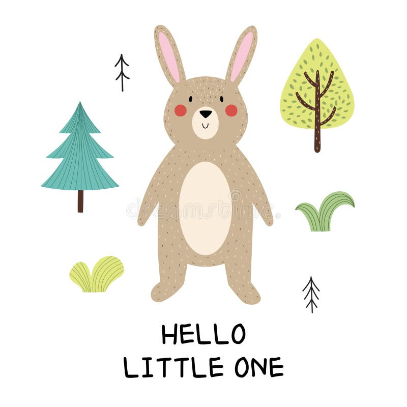 Hello Little One Print with a Cute Rabbit. Funny Forest Character Print ...