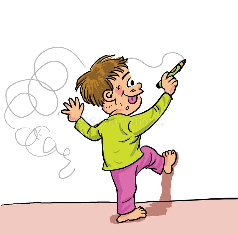A Cartoon Kid Boy Likes To Scribble on the Wall of the House. Stock ...