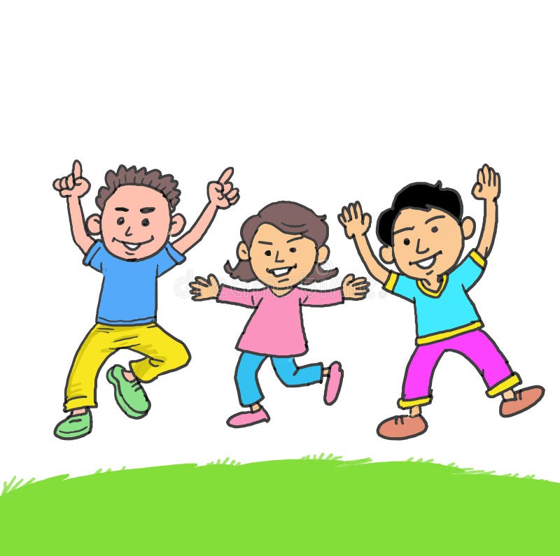 The Cartoon Happy Three Kids Jumping Up. Stock Illustration ...
