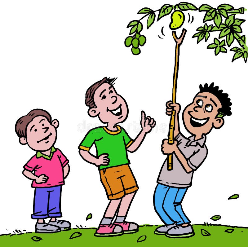 A Cartoon of Three Boys Picking Fruit with Wooden Sticks. Stock Vector ...