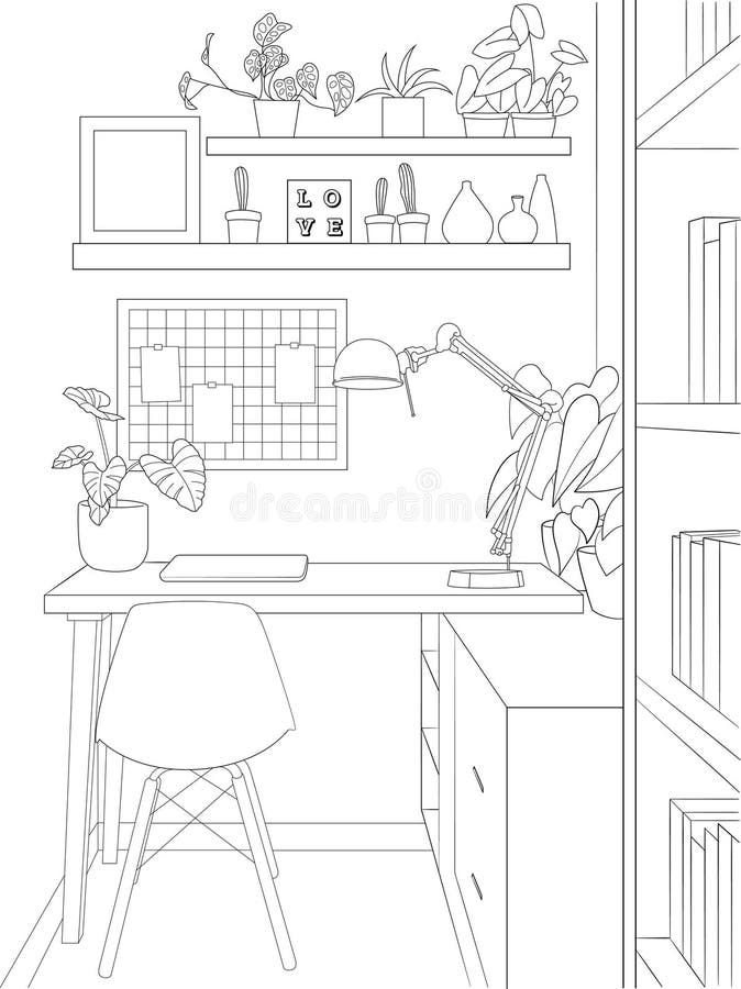 Scandinavian Stylish Working Desk Black and White Vector Line Art ...