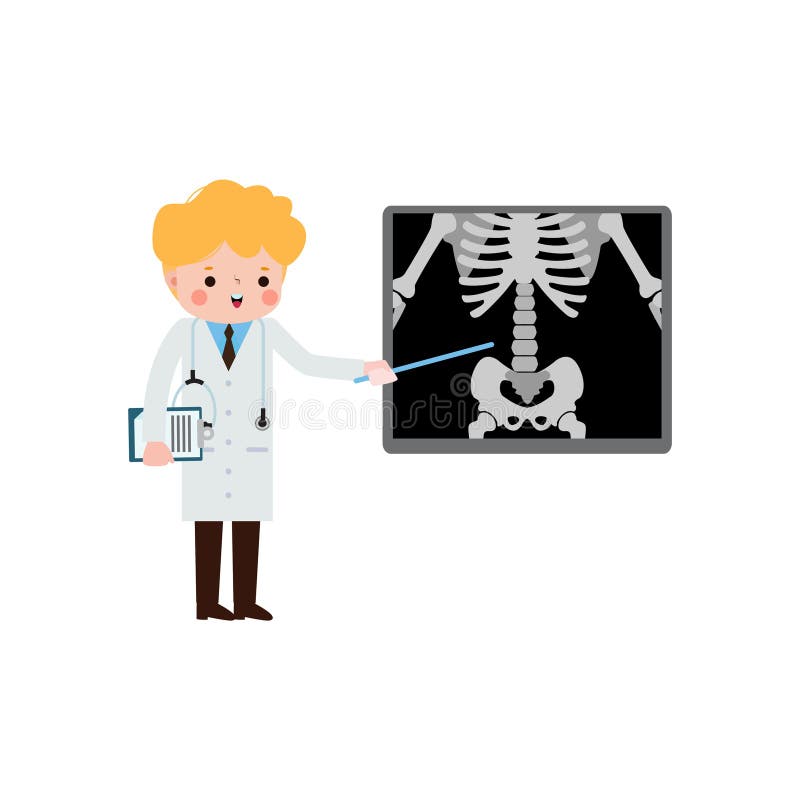 Cute Cartoon American Doctor with X-ray Screen Showing Internal Organs ...