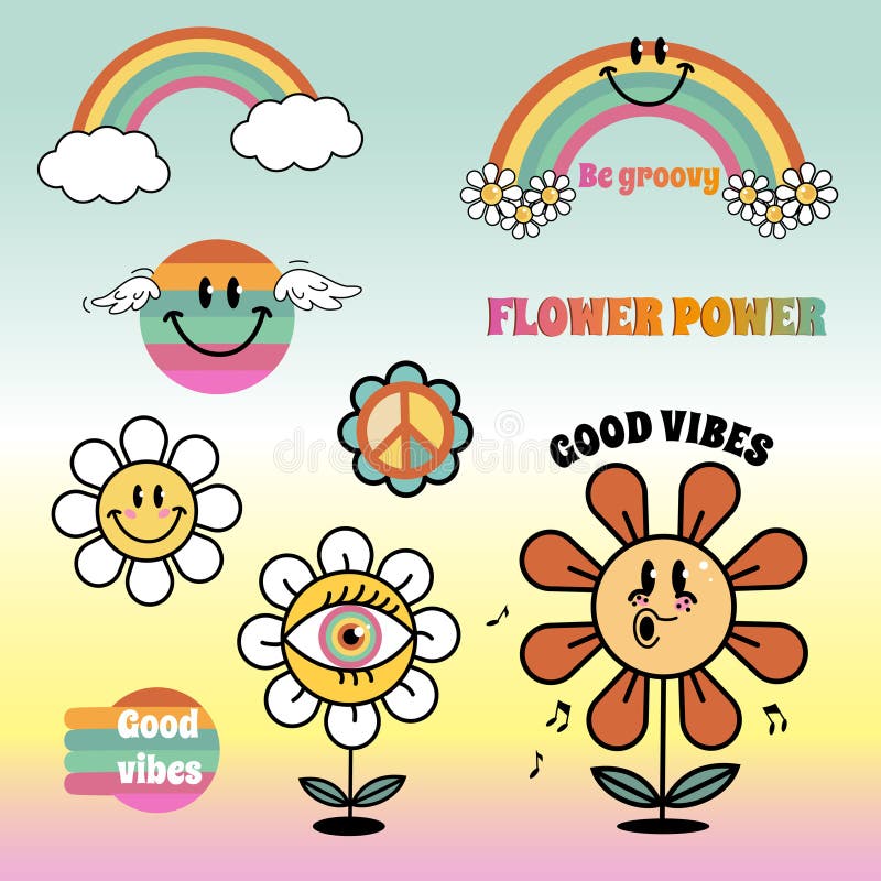 Vector Set with Cute Cartoon Stickers in Groovy Style Stock Vector ...