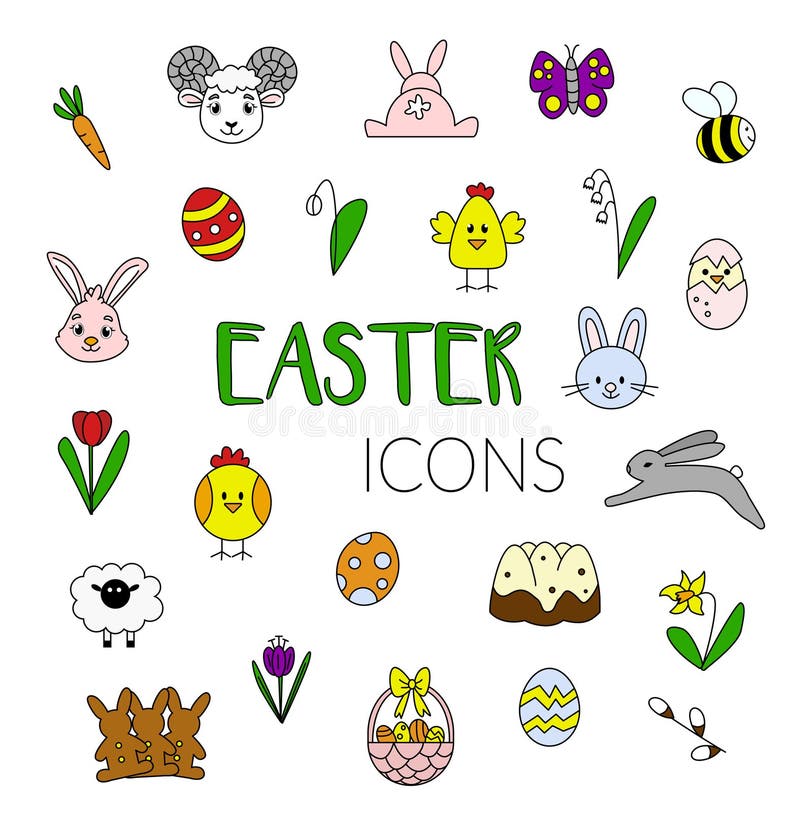 Easter Icons Set. Funny Adorable, Colourfool, Doodle Easter Icons. Set of Easter Design Elements ...