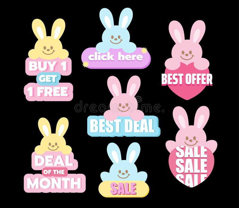 Bunny Sale Icons of Deal of the Month, Best Offer, Buy 1 Get 1 Free ...