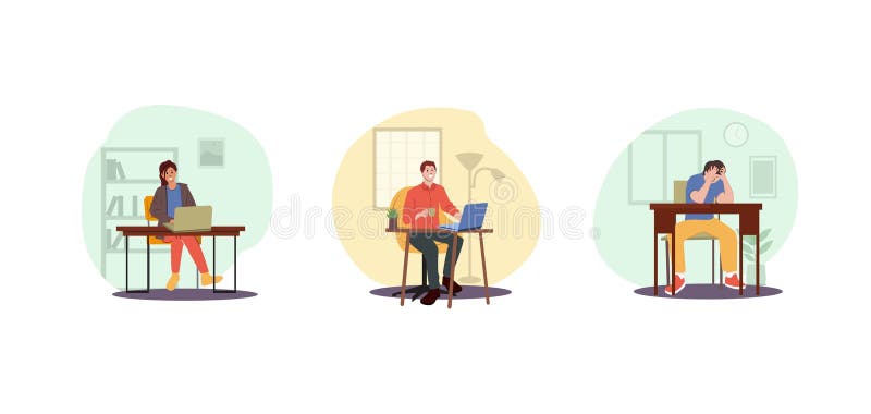 Set Men and Women Freelancers Characters Working from Home on Computers and Drink Coffee. Stock ...