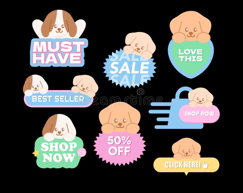 Sale Icons with Puppy Design Such As Must Have, Love this, Best Seller ...