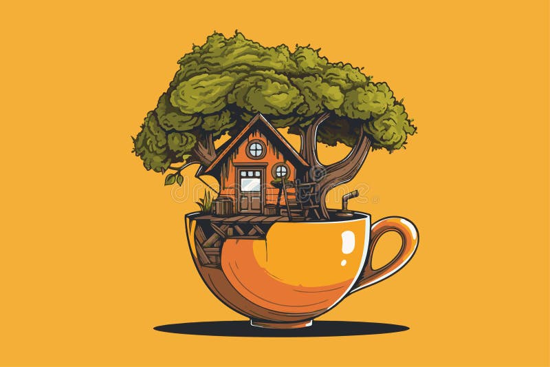 Treehouse Built Inside a Coffee Mug Stock Vector - Illustration of ...