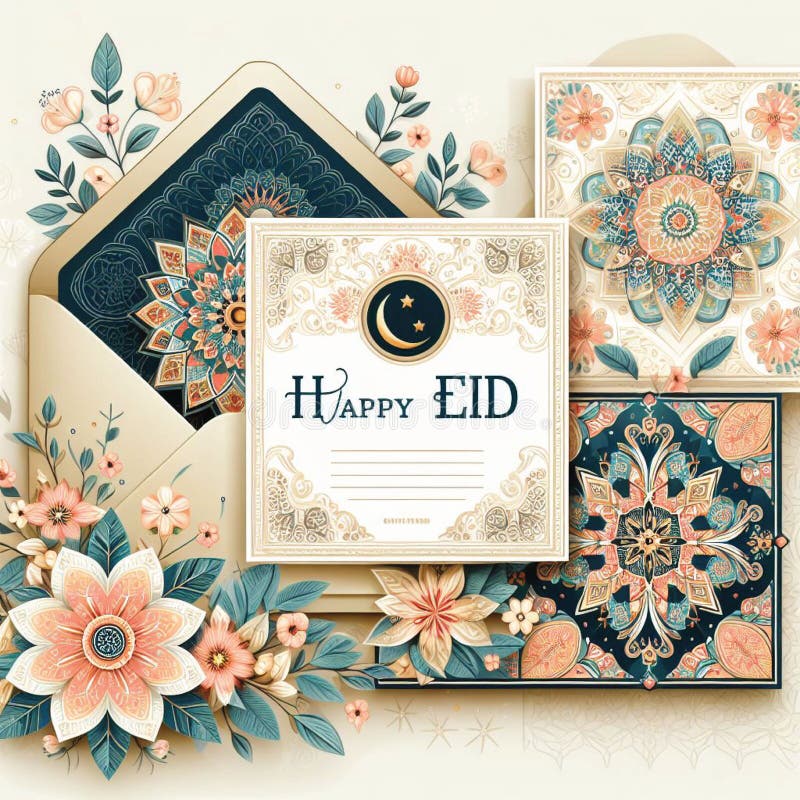 Happy Eid Design with Floral Motifs and Eid Envelopes Stock ...