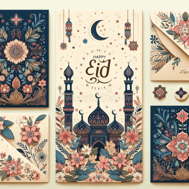 Happy Eid Design with Floral Motifs and Eid Envelopes Stock ...