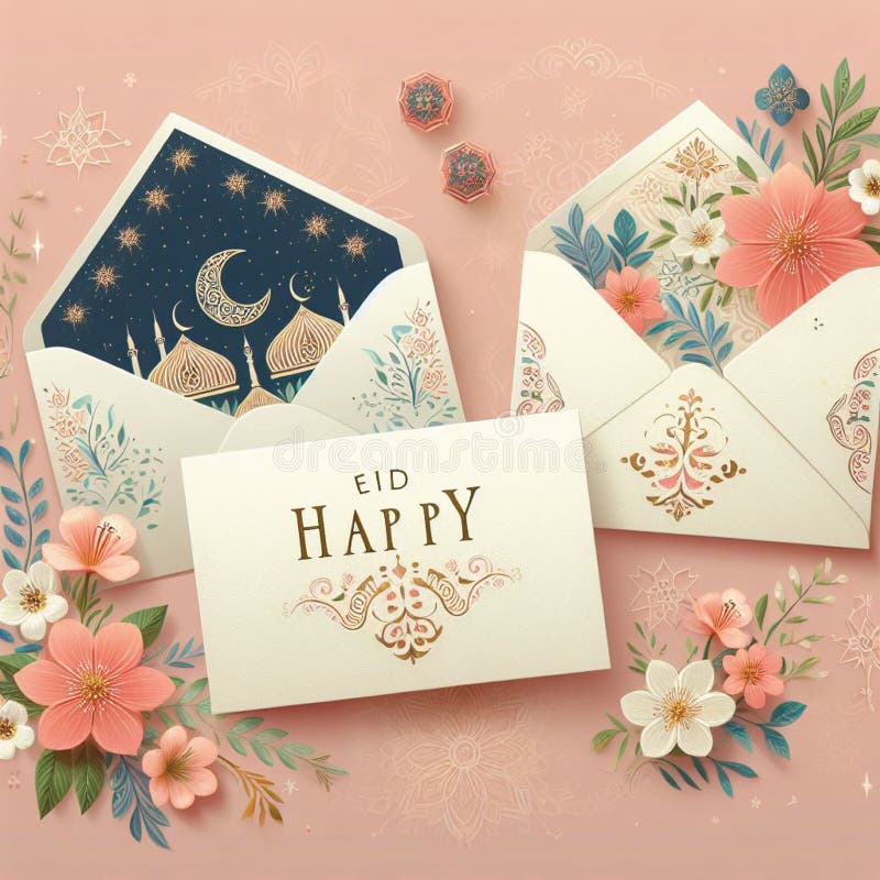 Happy Eid Design with Floral Motifs and Eid Envelopes Stock ...