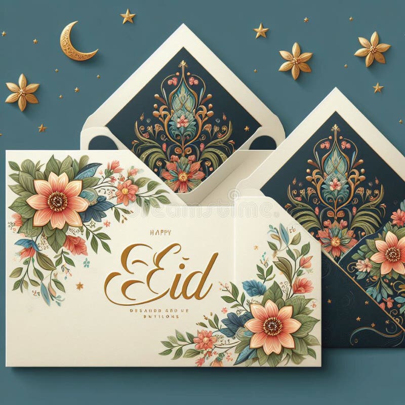 Happy Eid Design with Floral Motifs and Eid Envelopes Stock ...