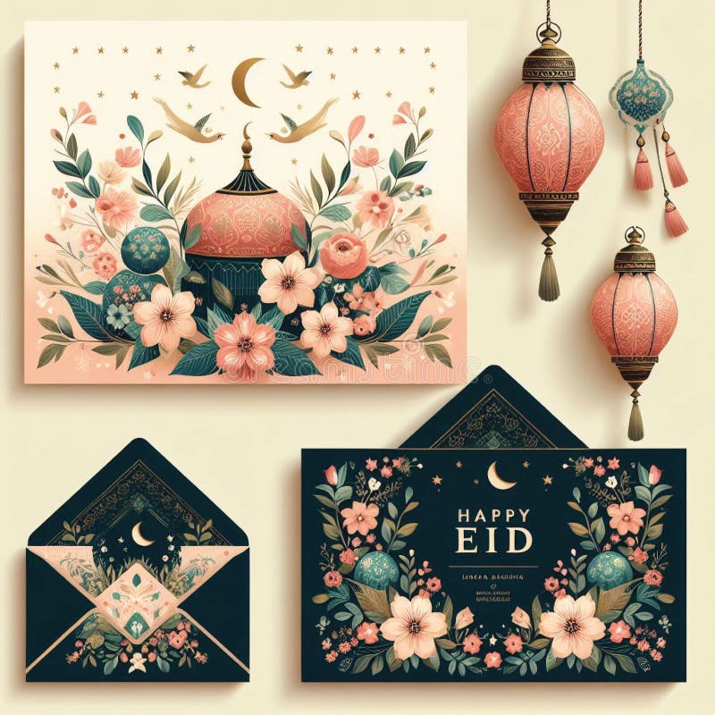 Happy Eid Design with Floral Motifs and Eid Envelopes Stock ...