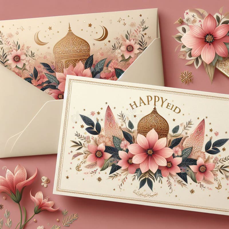 Happy Eid Design with Floral Motifs and Eid Envelopes Stock ...