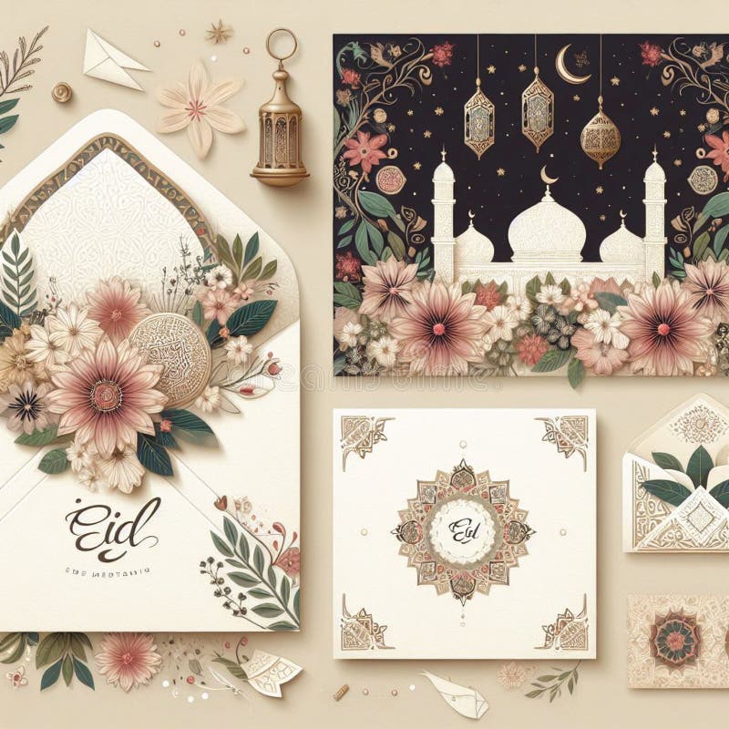 Happy Eid Design with Floral Motifs and Eid Envelopes Stock ...