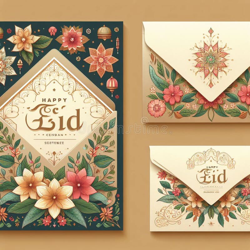 Happy Eid Design with Floral Motifs and Eid Envelopes Stock ...