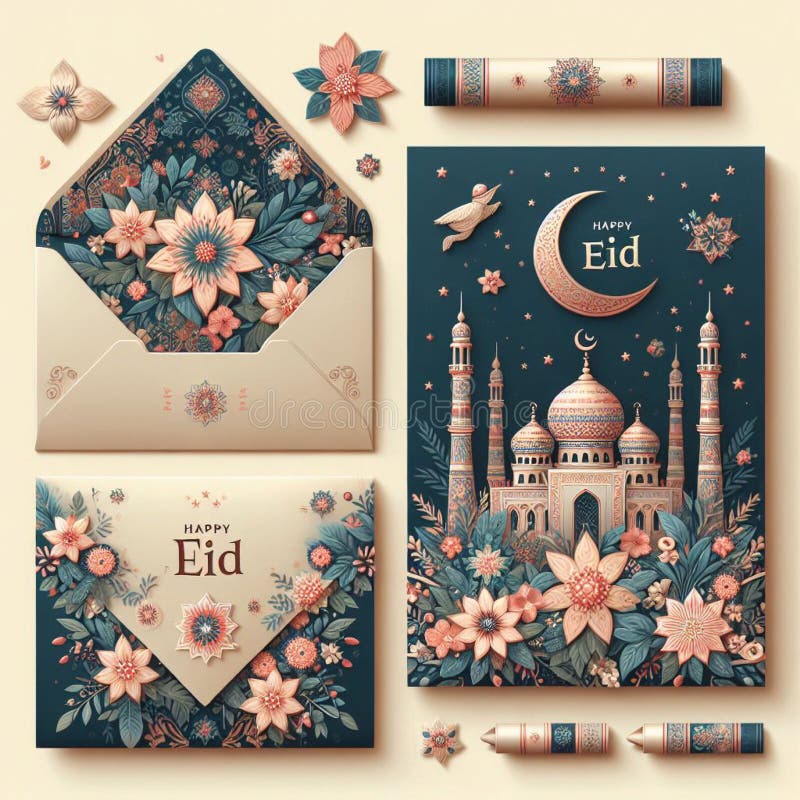 Happy Eid Design with Floral Motifs and Eid Envelopes Stock ...