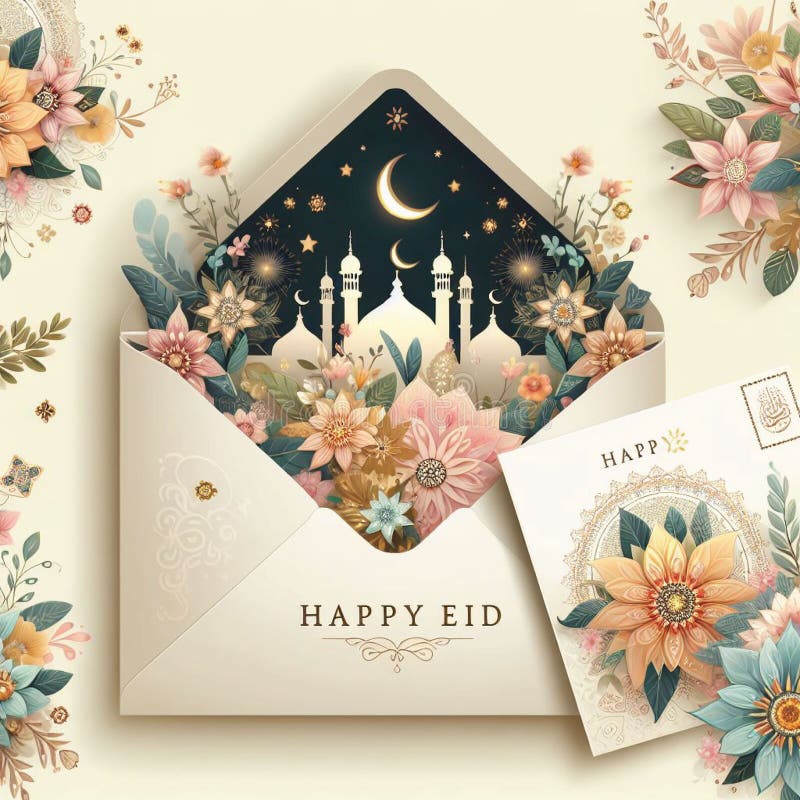 Happy Eid Design with Floral Motifs and Eid Envelopes Stock ...