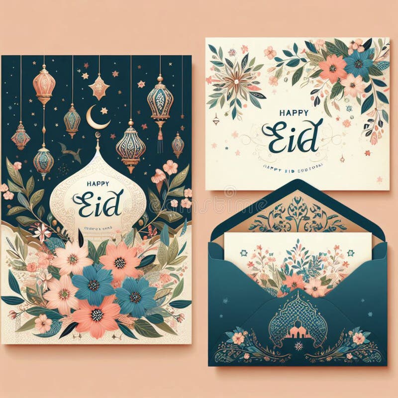 Happy Eid Design with Floral Motifs and Eid Envelopes Stock ...