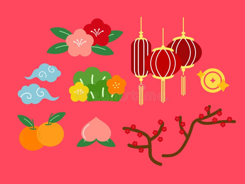 Chinese New Year Icons Such As Flower, Orange, Peach, Cloud, Red ...