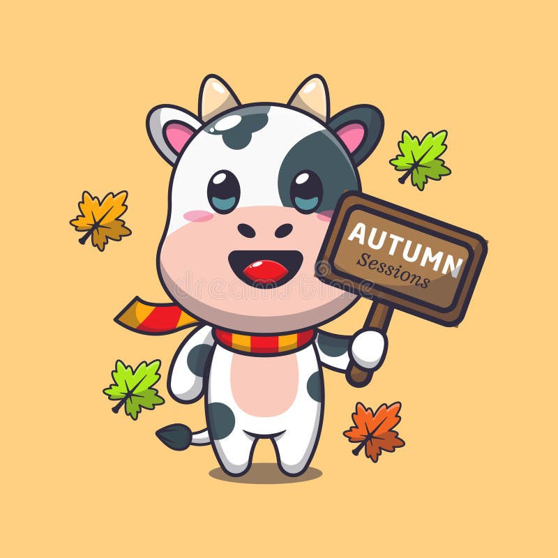 Cute Cow with Autumn Sign Board. Stock Vector - Illustration of kawaii ...
