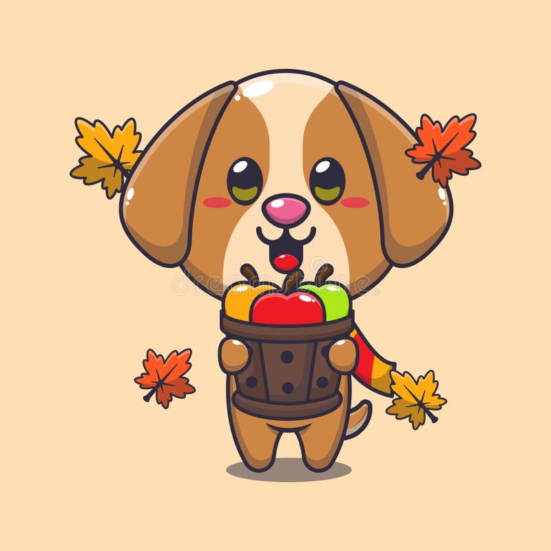 Cute Dog Holding a Apple in Wood Bucket. Stock Vector - Illustration of ...