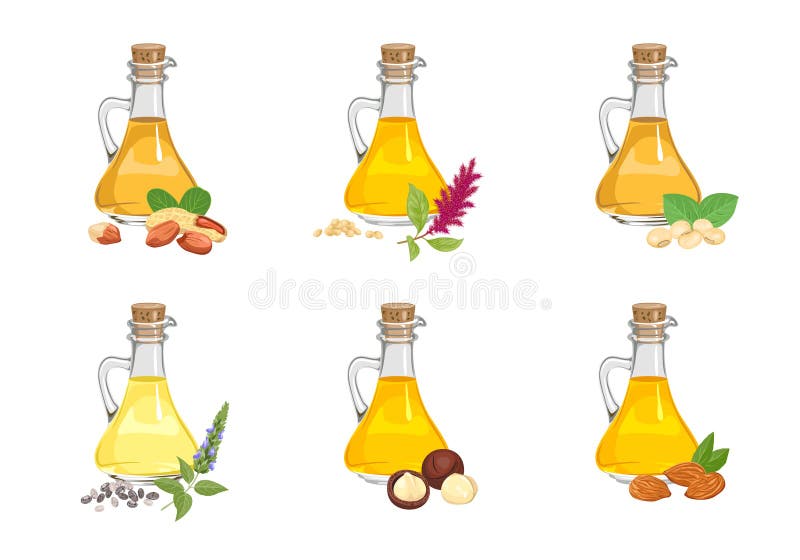 Cooking Oils Set. Vector Cartoon Illustration of Almond, Peanut ...
