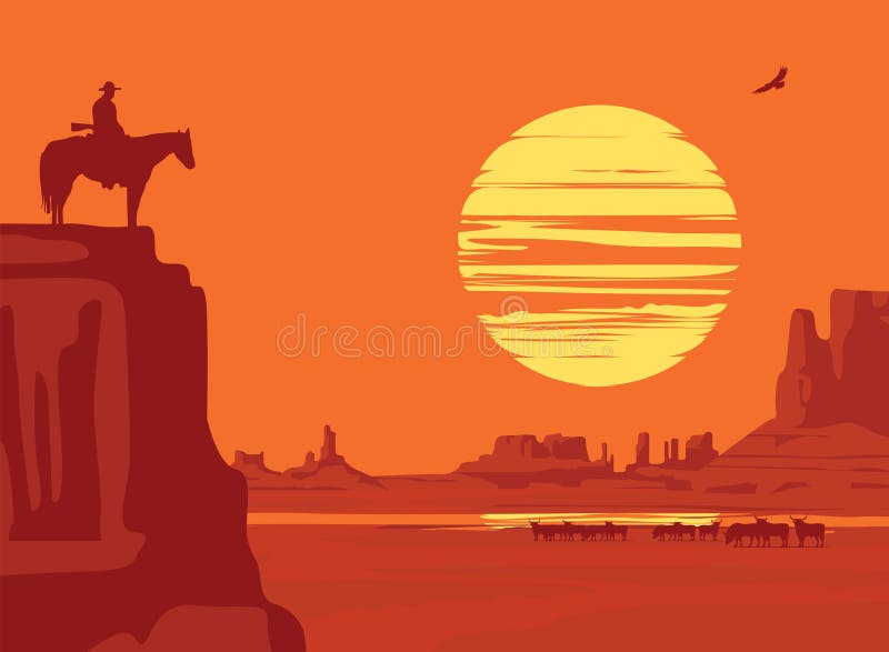 Western Landscape with Desert and River at Sunset Stock Vector ...