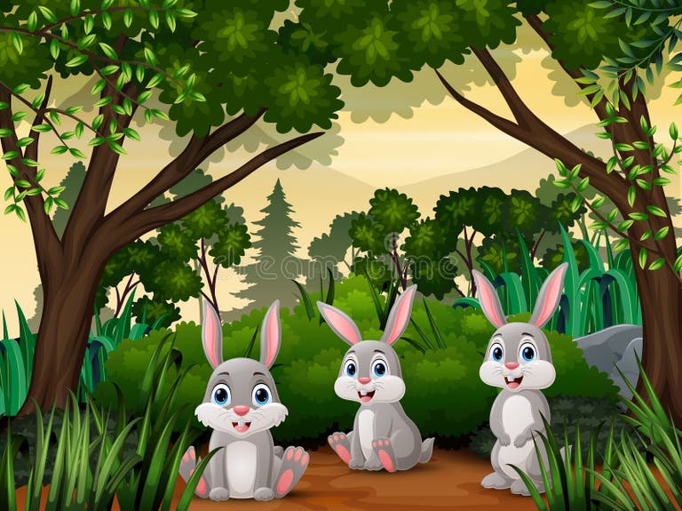 Cute Three Rabbits Cartoon in the Jungle Stock Illustration ...