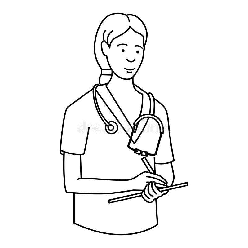 Linear Drawing of a Nurse with a Tablet in Her Hands and a Stethoscope ...