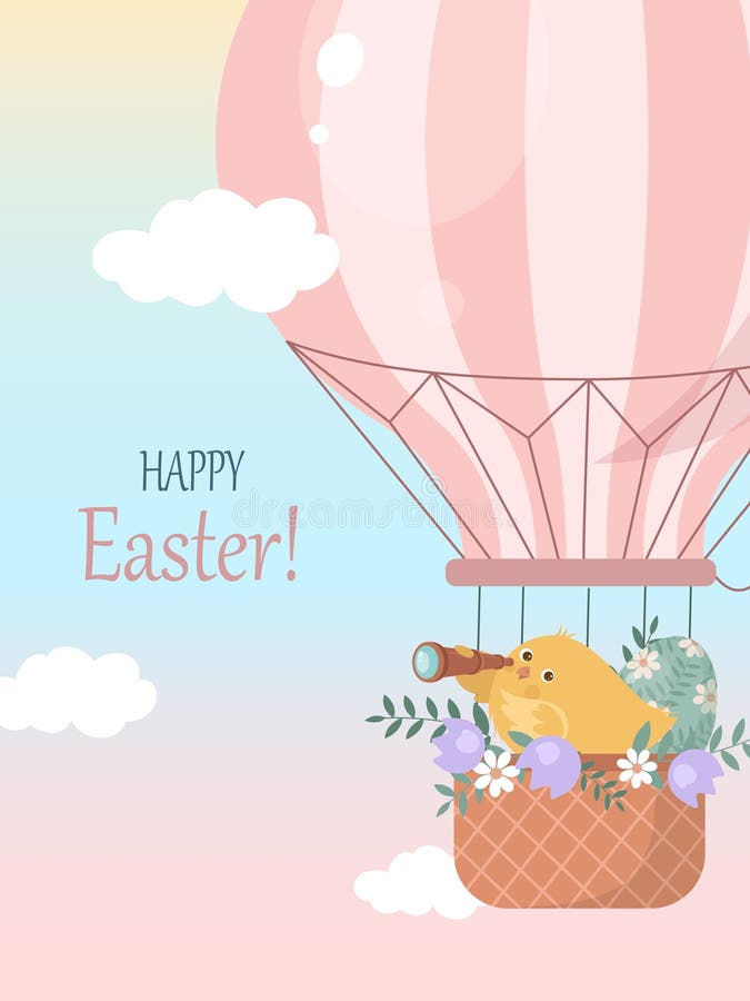 Happy Easter Greeting Card with Chicken on Air Balloon with Eggs, Flowers. Stock Vector ...