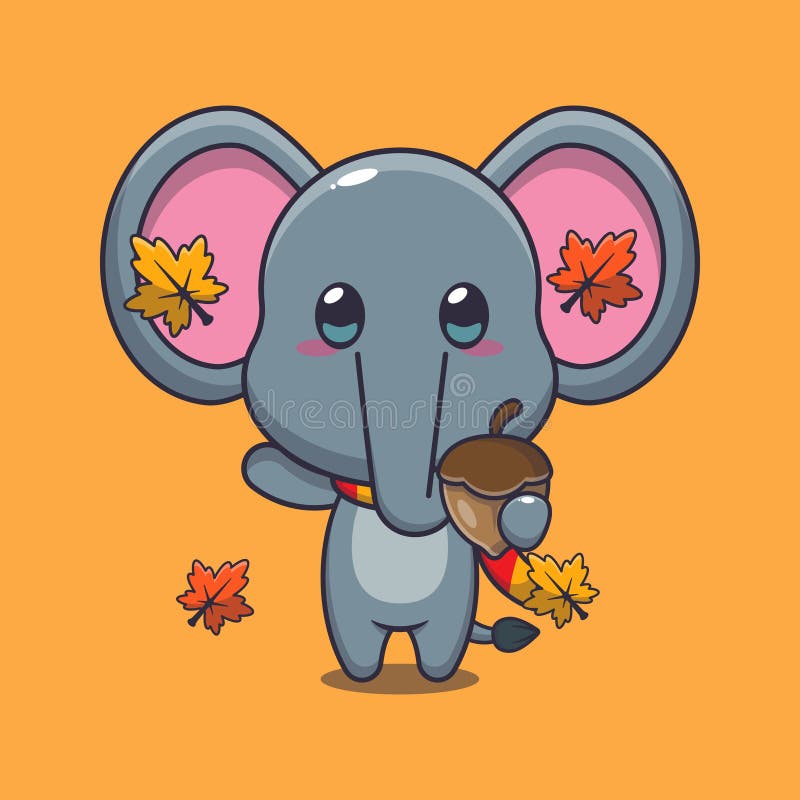 Cute Elephant with Acorns at Autumn Season. Stock Vector - Illustration ...