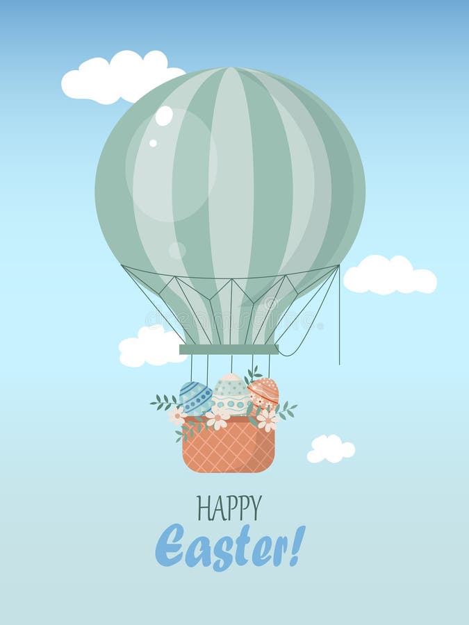 Happy Easter Greeting Card with Air Balloon and Easter Eggs, Flowers. Stock Vector ...